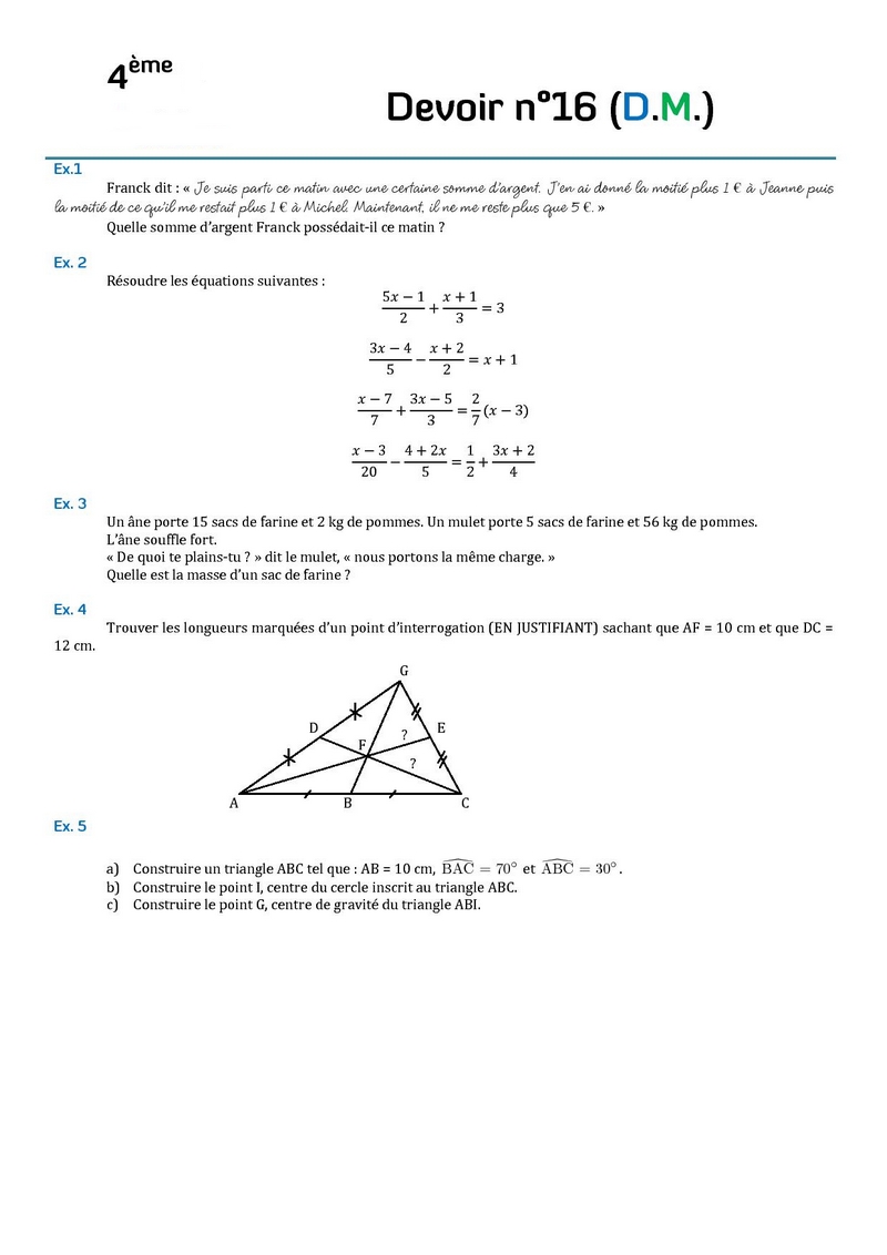 Contrôles de mathématiques en quatrième (4ème) et devoirs surveillés de ...