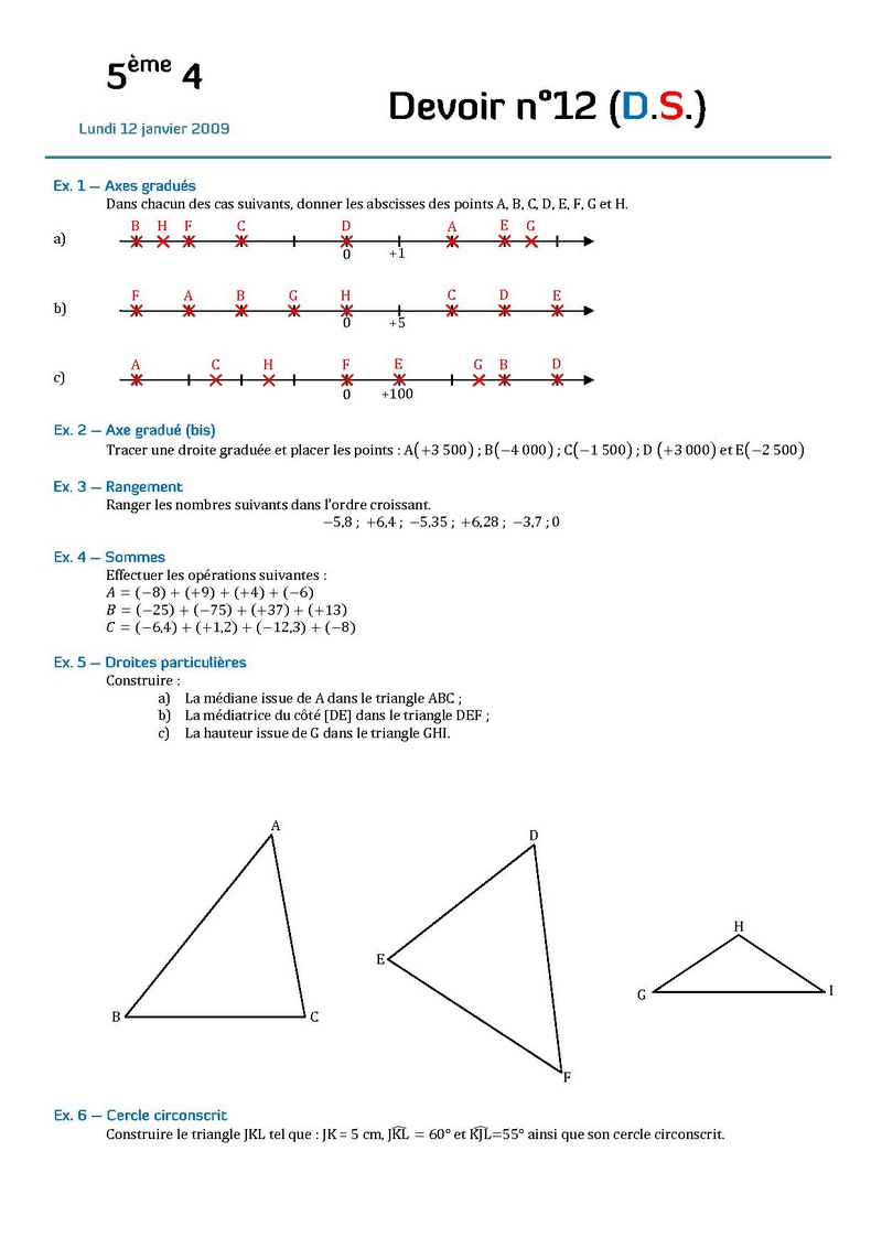 Contrôle de mathématiques en cinquième (5ème).Devoirs surveillés ...