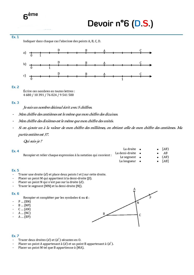 Contrôles de mathématiques en sixième (6ème).Devoirs surveillés de ...