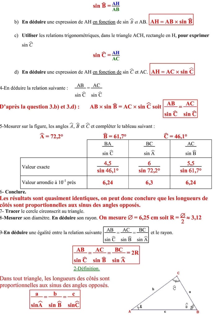 Relations métriques dans le triangle : cours de maths en 1ère S.