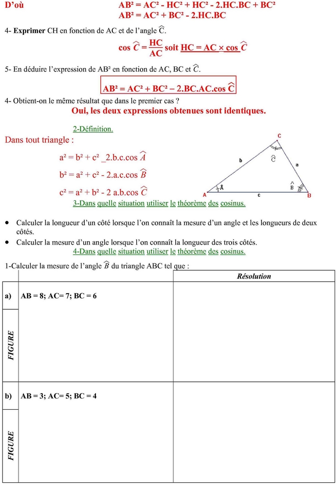 Relations métriques dans le triangle : cours de maths en 1ère S.