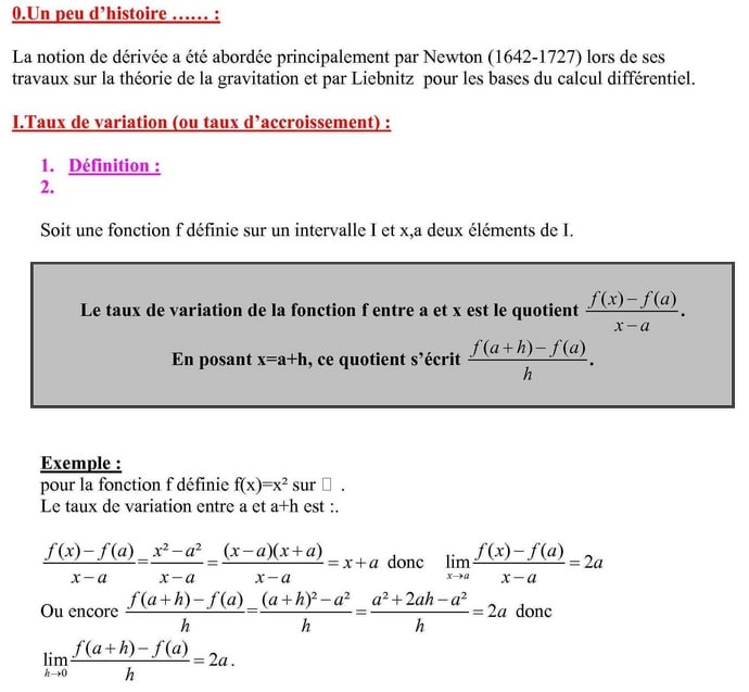 Cours sur la notion de dérivée et dérivation d'une fonction numérique.