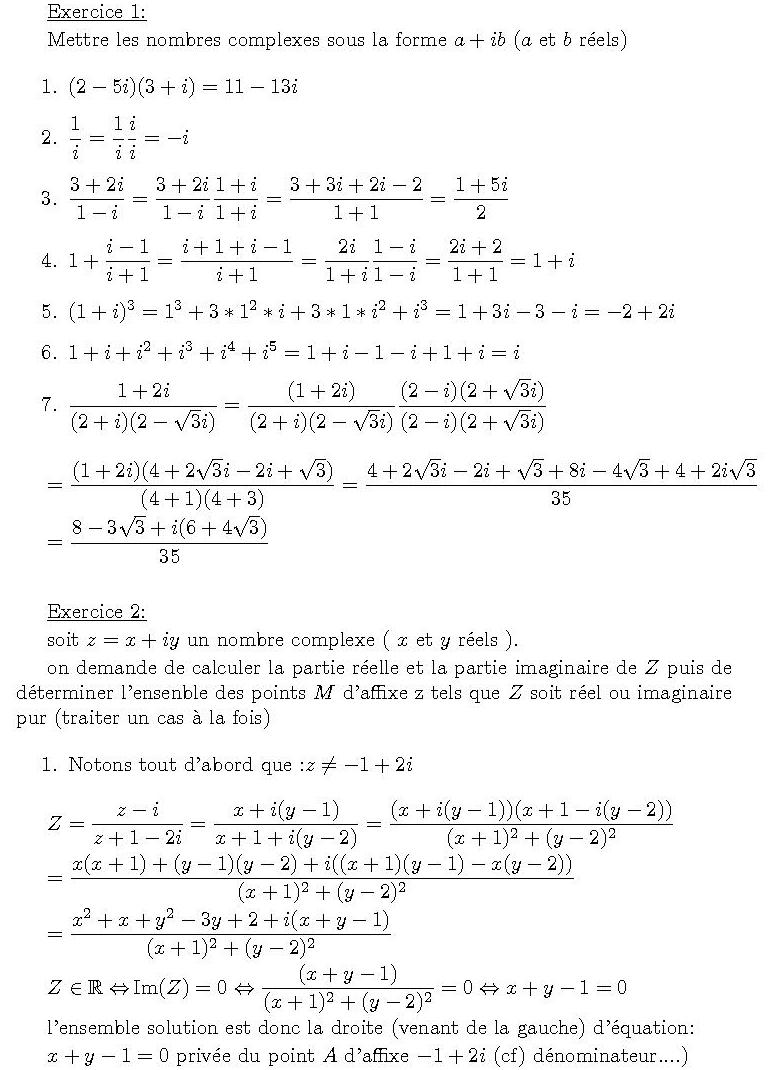 Nombres complexes : corrigé des exercices de maths en terminale S
