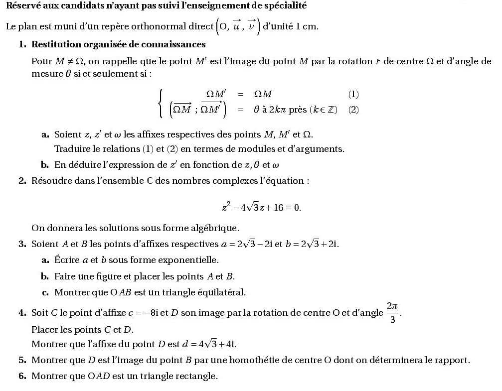 Exercice Nombres Complexes Type Bac